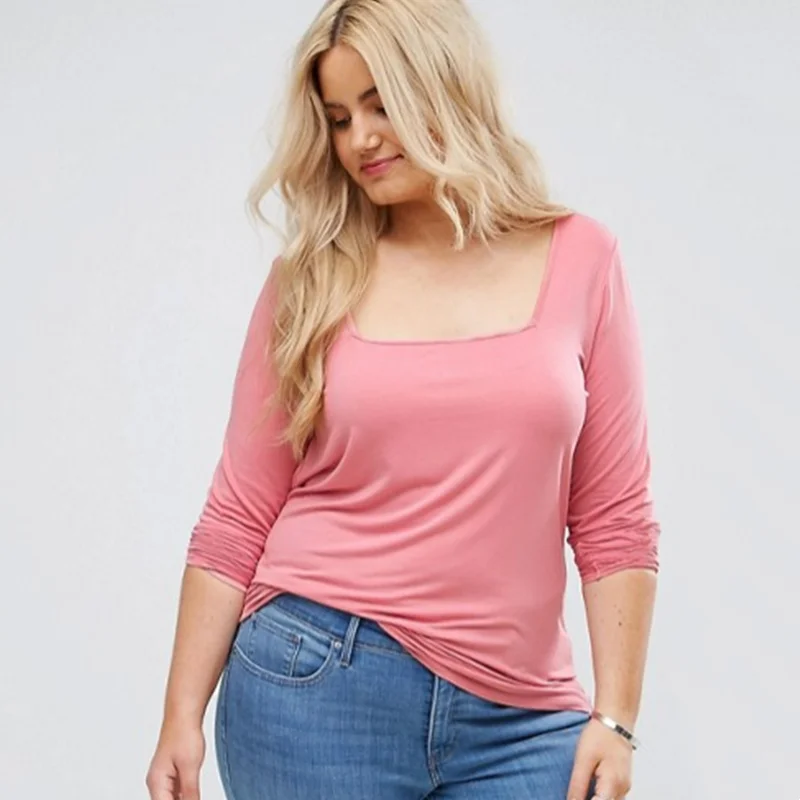 Plus Size Square Neck Spring Autumn Elegant Top Women Long Sleeve Pink