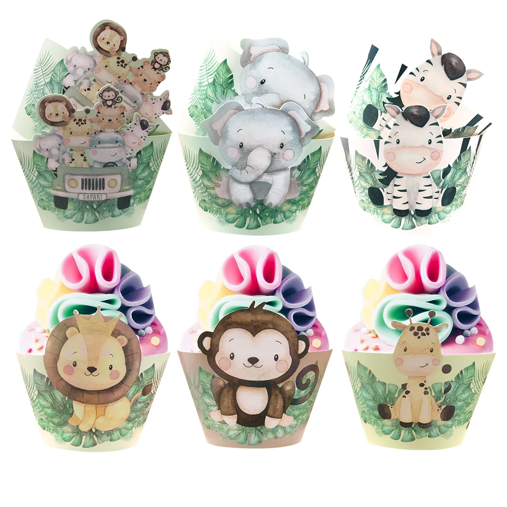 16pcs Carton Animal Cake Wrapper Paper Cupcake Decor for Kids Jungle ...