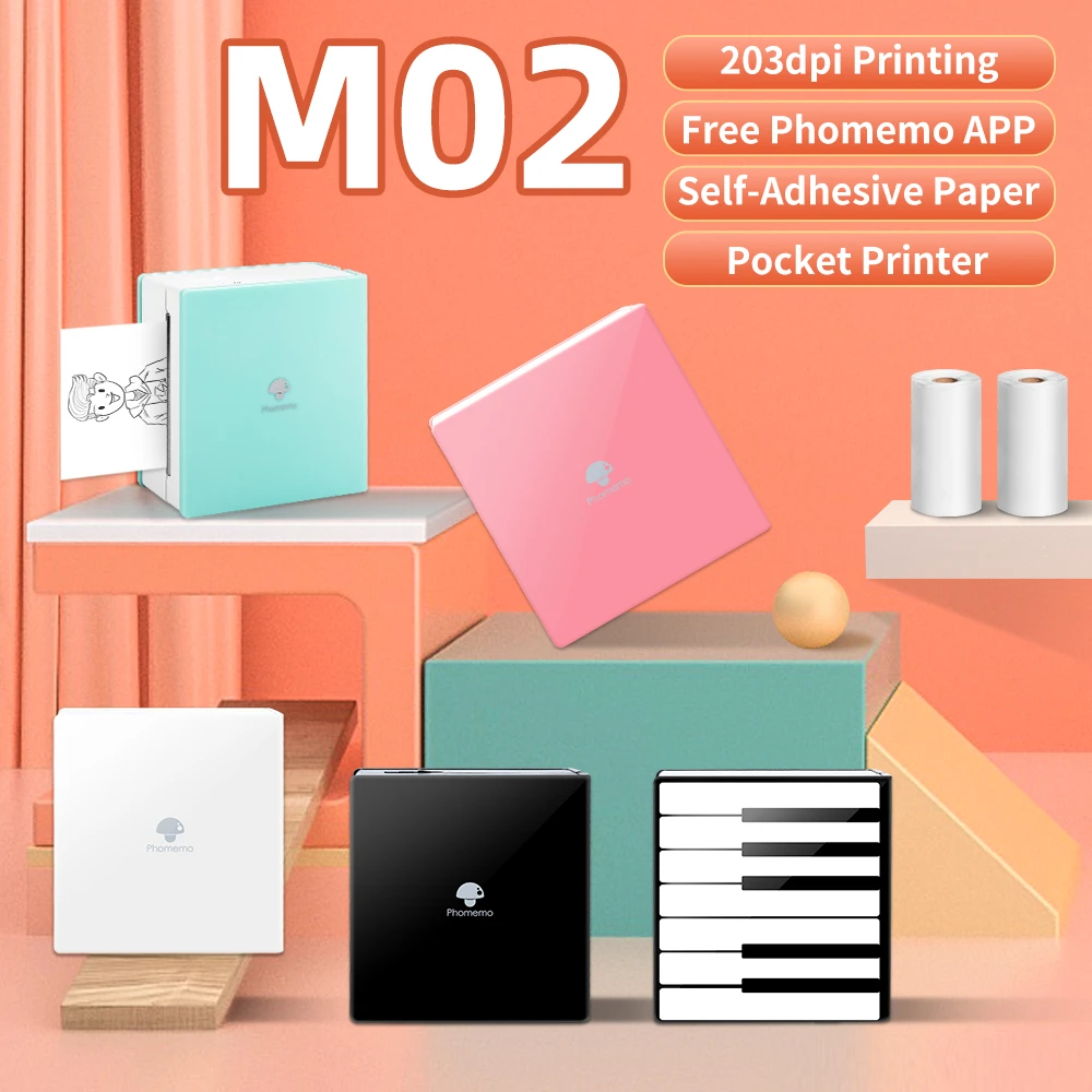 Phomemo Printer Mini M02 Portable Phone Wireless Sticky Printer Photo Diy Sticker Maker Self ...