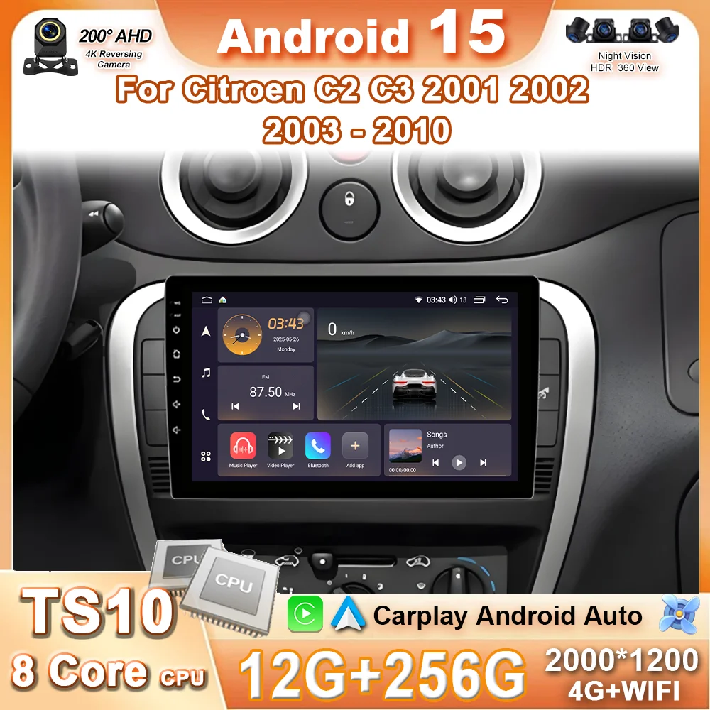 Android Auto Carplay pour citroën C2 C3 2001 2003 - 2010 Android 15 ...