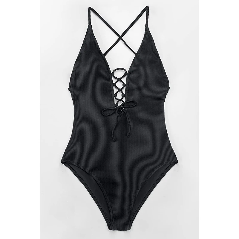 Fashion Solid One Piece Swimsuit Women Sexy Deep V Neck Lace Up ...