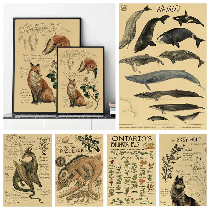 Vintage-Natural-Creature-Posters-Dragon-Whale-Dog-Animal-And-Plant ...