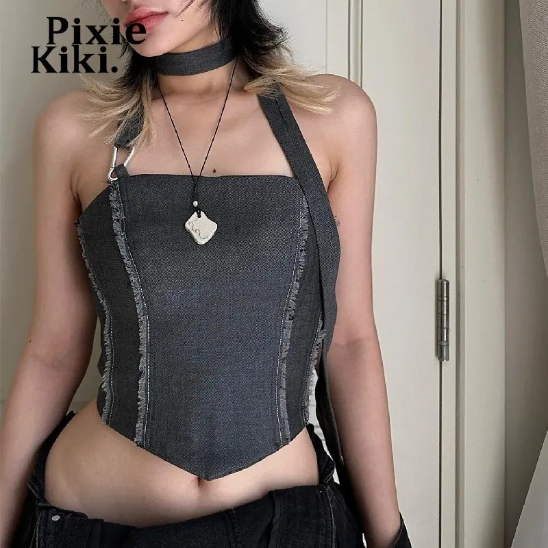 PixieKiki-Buckle-Halter-Top-Smocked-Asymmetrical-Backless-Cropped-Tanks-Top-Women-Y2k-Streetwear ...