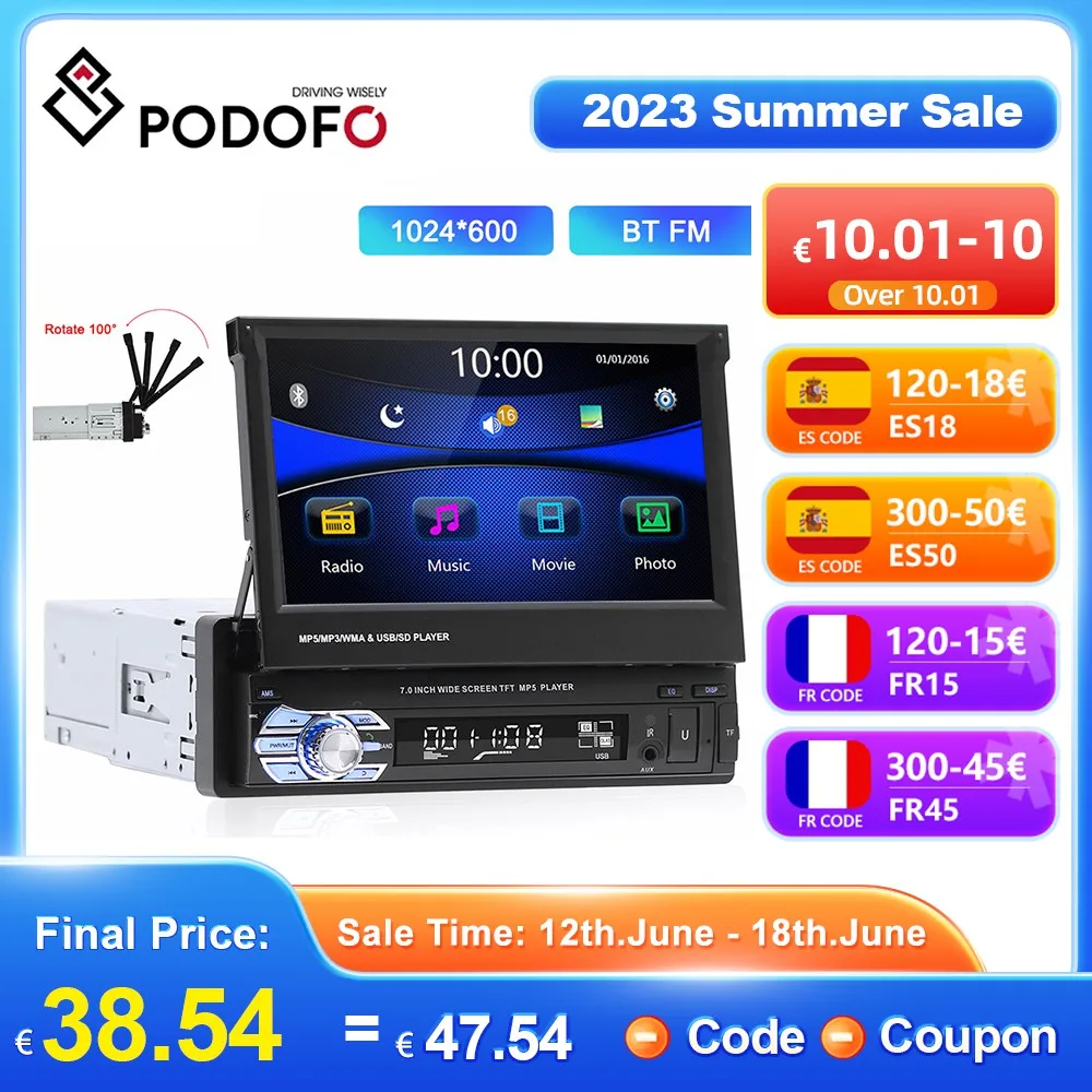 Podofo 1 Din 7 polegadas Universal Car Radio MP5 Player Touch Screen FM ...