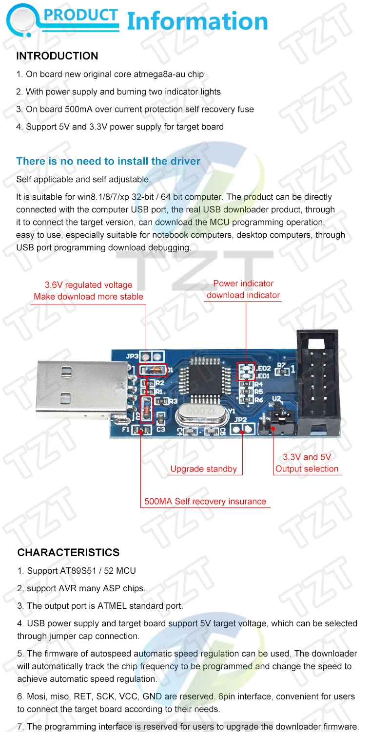 Программатор TZT с USB ISP USB ASP ATMEGA8 ATMEGA128 с поддержкой Win7 ...