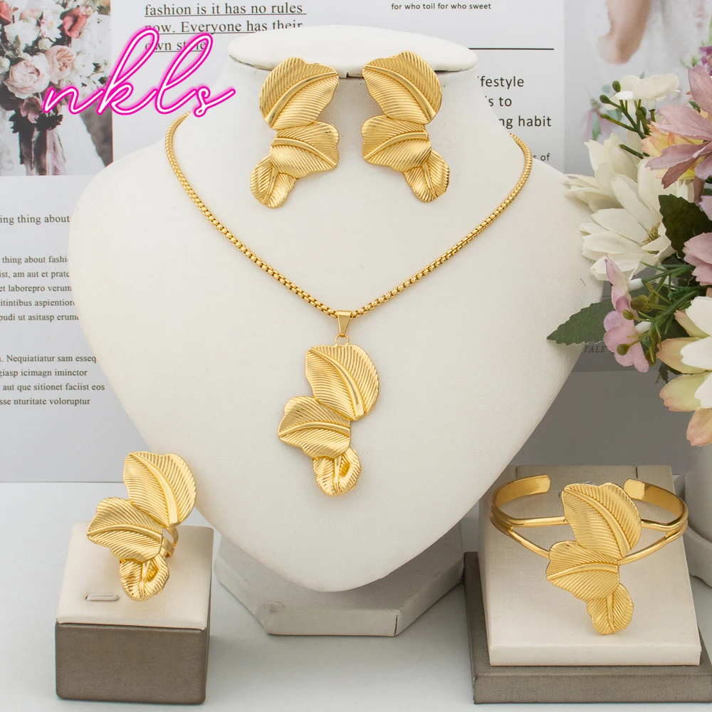 Nigerian-Leaf-Design-Necklace-Earrings-Bangle-Ring-Classic-Gold-Color ...