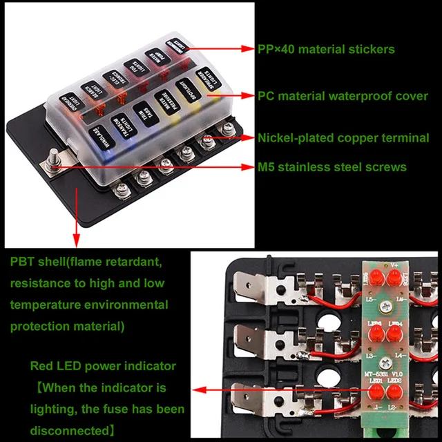 12v Fuse Block 6 Way Fuse Block W/Negative Bus - ATC/ATO 6 Circuit Distribution Block