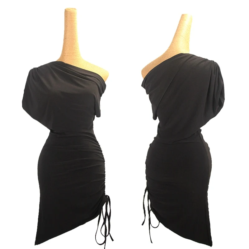 Summer Black Latin Dance Dress Oblique Shoulder Practice Clothes Women ...
