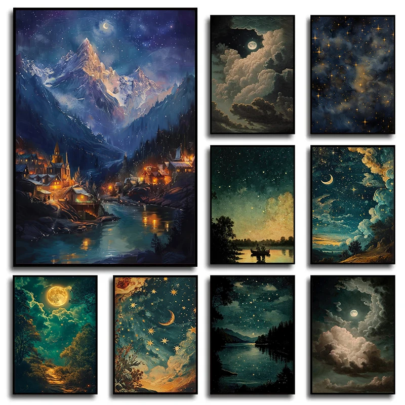 Vintage-Starry-Night-Sky-Scene-Astronomy-Moon-and-Stars-Landscape ...