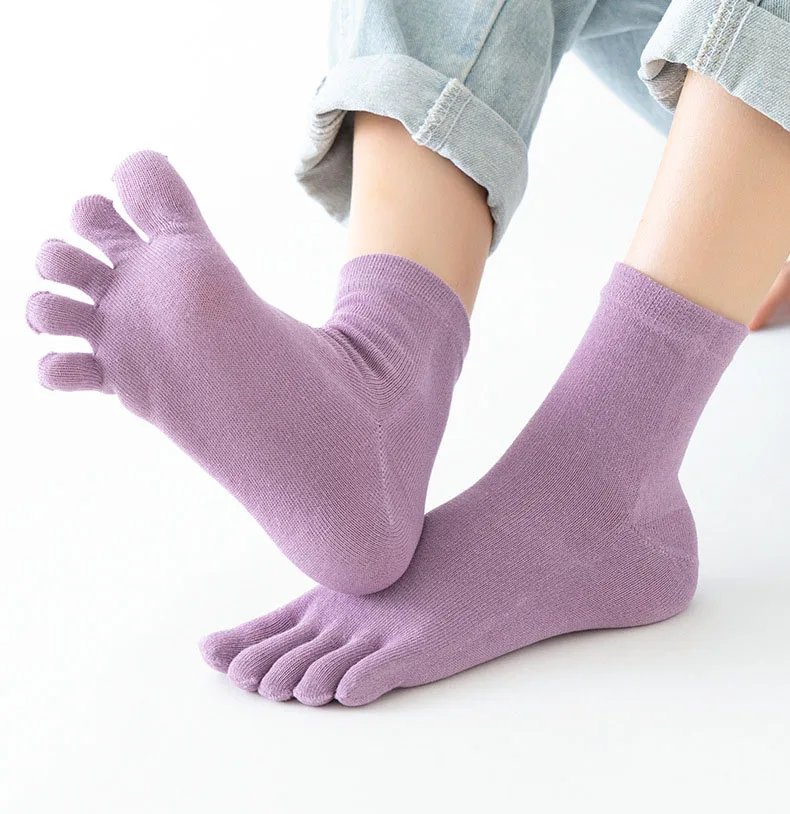Solid Color Cotton Five Toe Socks Grey Black Middle Tube Socks Women's ...