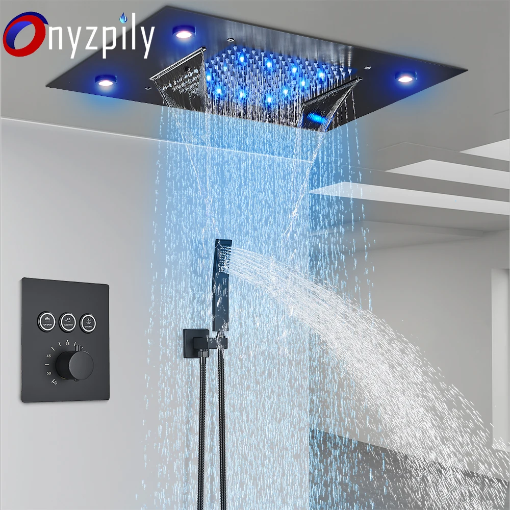 Black LED Constant Temperature Shower Faucet Color Change Rain ...