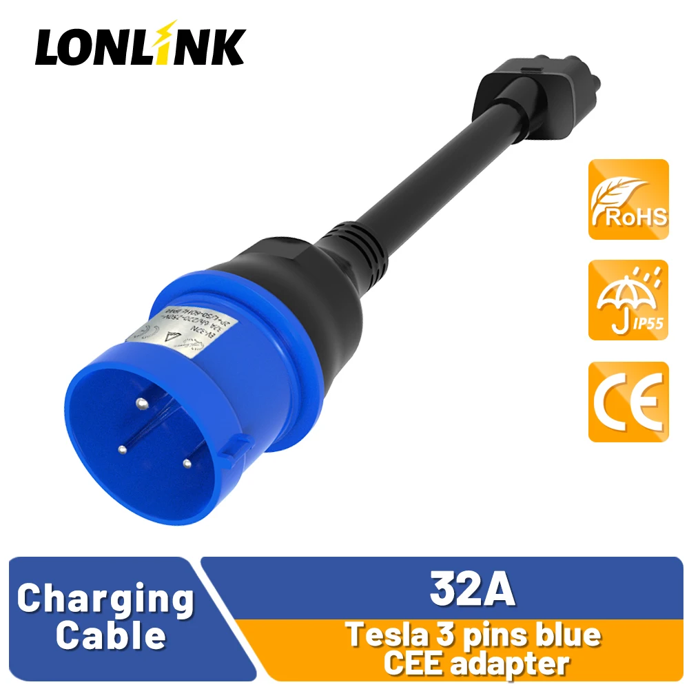LONLINK-Tesla-3pin-Blue-CEE-Adapter-Tesla-Model-S-3-X-Y-Gen-2-Ev ...