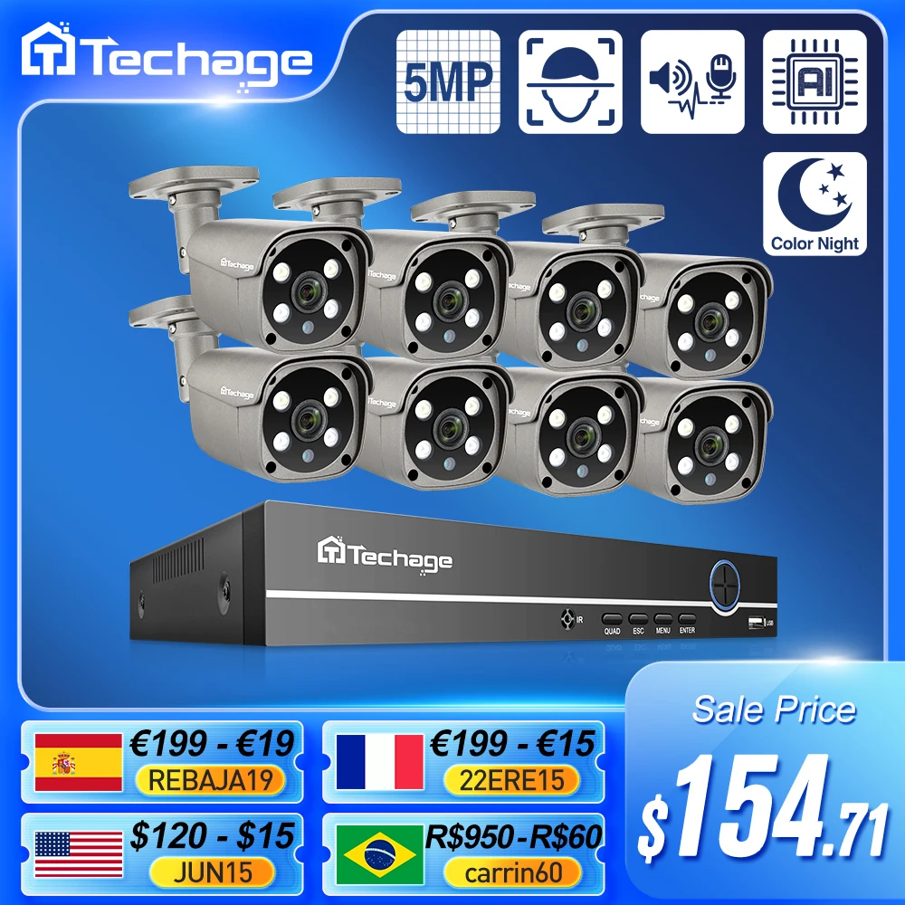 Techage Security Camera System 8ch 5mp Hd Poe Nvr Kit Cctv Two Way ...