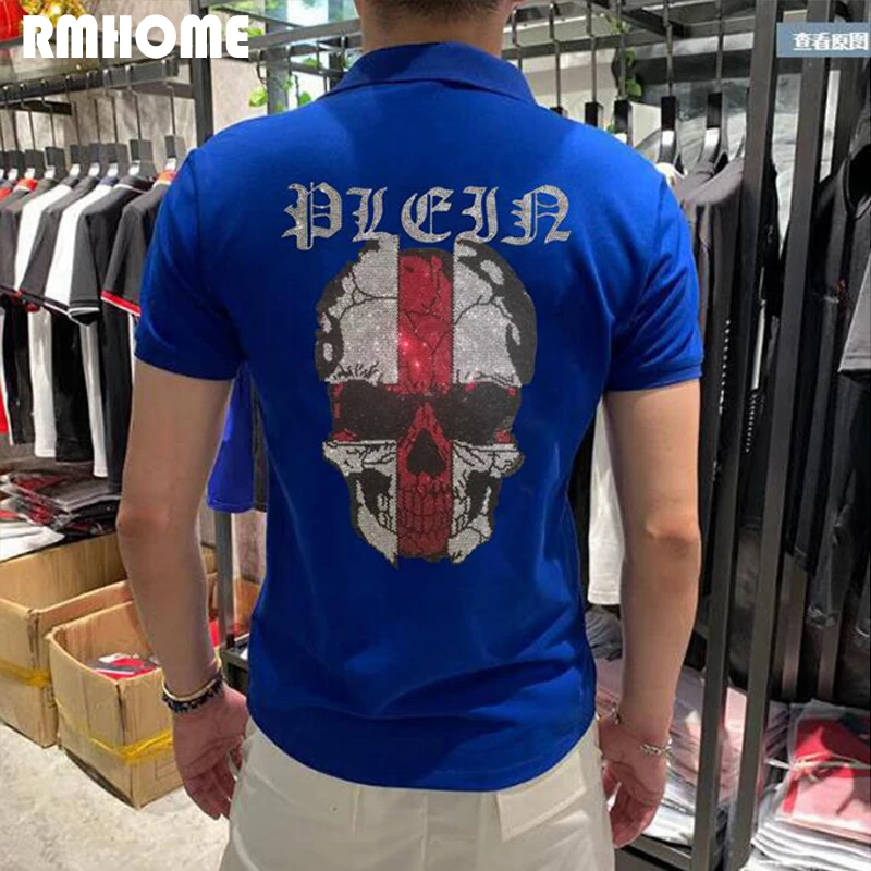 Men's Street Style Polo T-shirt Hip Hop Death's Head Rhinestone Design ...
