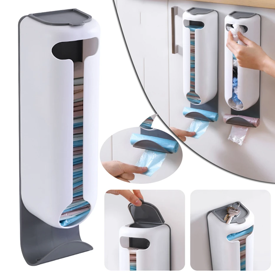 Wall Mounted Trash Bag Dispenser Plastic Bag Holder Kitchen Space Save ...