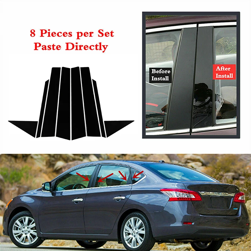 8Pcs/Set Gloss Black Pillar Posts Car Window Door Trim Cover Sticker ...