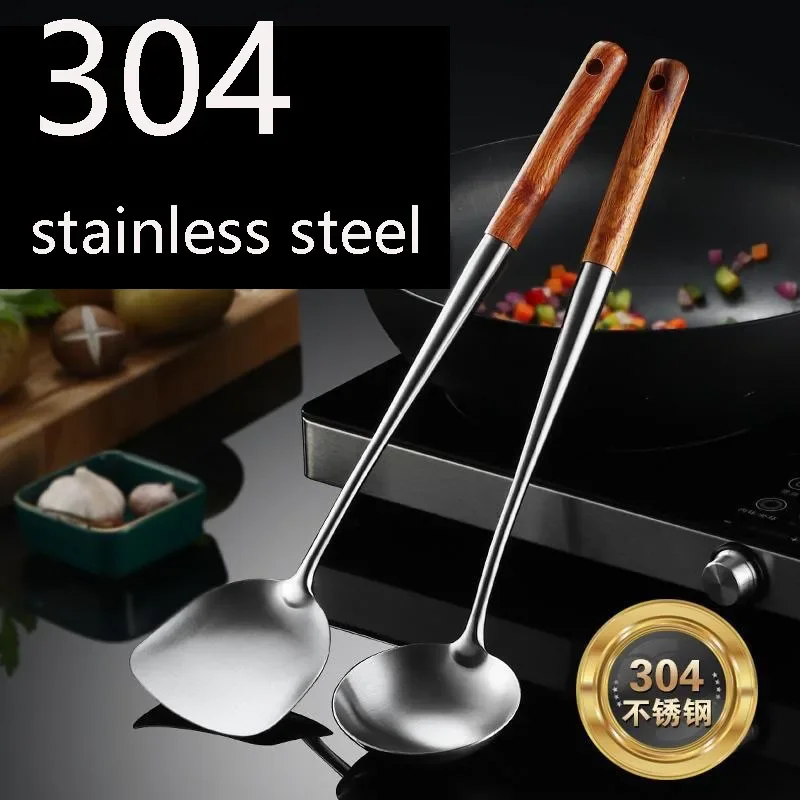 304-Stainless-Steel-Spatula-Spoon-With-Wooden-Handle-Lengthened-Cooking ...