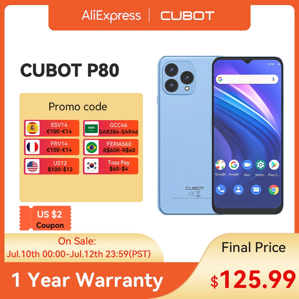Cubot-P80 Mobile,8GB 6.583 GB,256 ",5200mAh,Android 13,48MPカメラ携帯電話 ...