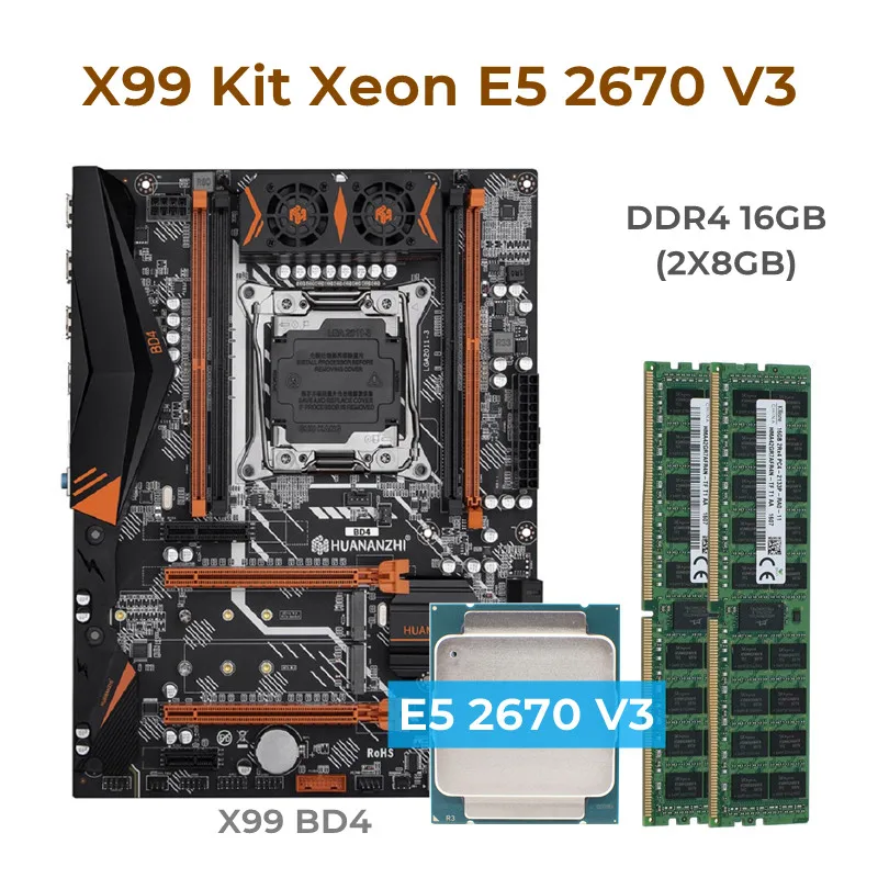 HUANANZHI BD4 LGA 2011-3 X99 Placa-mãe com conjunto de kit combinado XEON E5 2670 V3 2*8G DDR4 ...