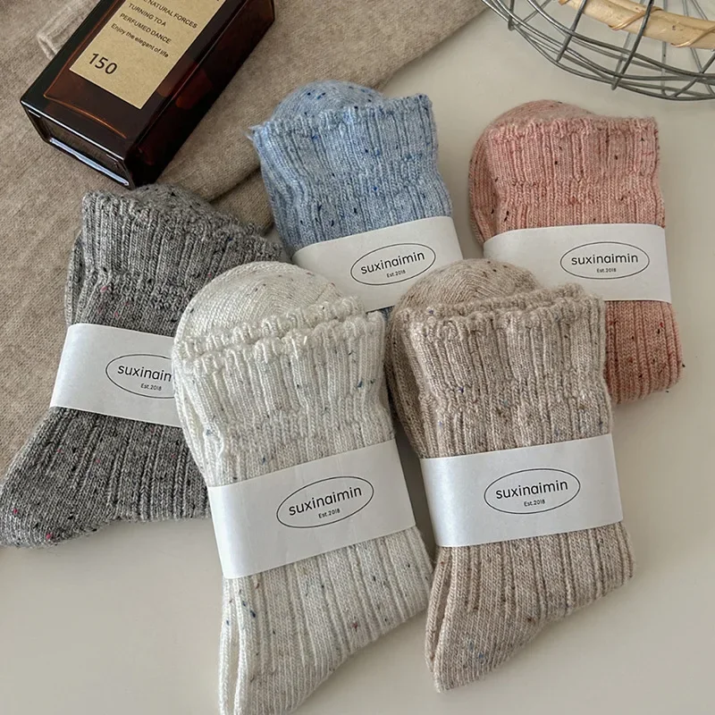 Winter Warm Women Socks Wool Thicken Solid Color Socks Retro Middle ...
