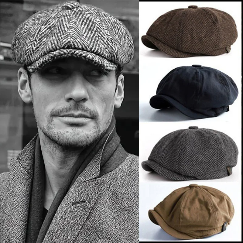 Men-Retro-Beret-British-Hat-Wool-Blend-Vintage-Herringbone-Tweed-Men ...
