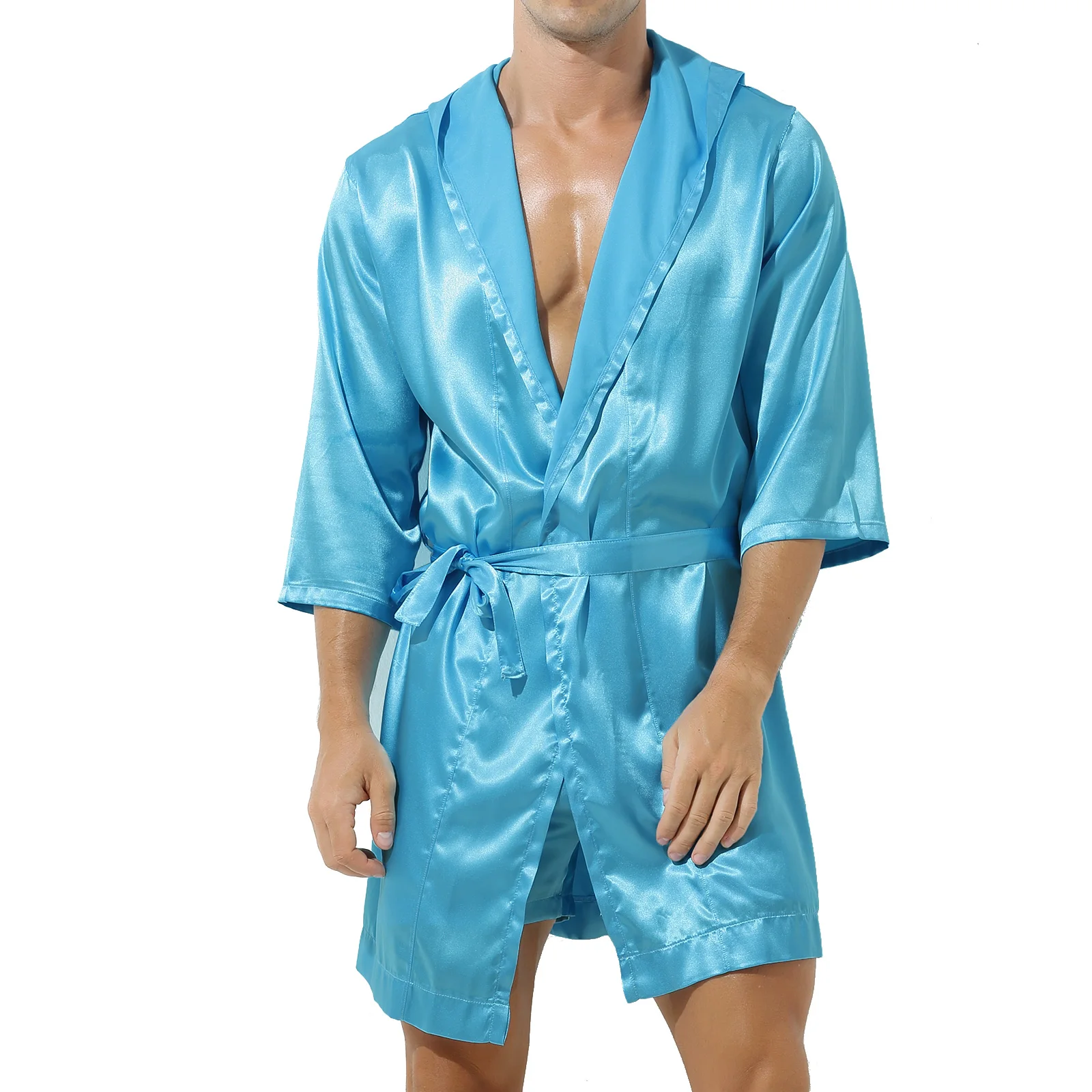 Peignoir à Capuche en Satin pour Homme, Ensemble de Vêtements de Nuit, Ouvert sur le Devant ...