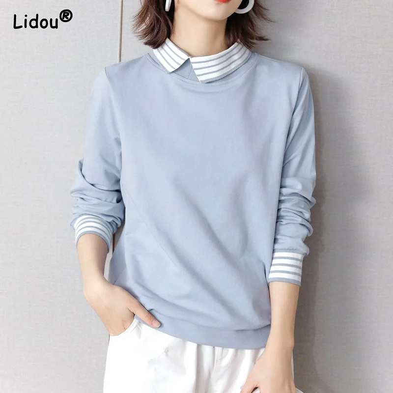 Simple-Sweaters-Straight-Turn-down-Collar-Splicing-Striped-Thin-Auyumn ...