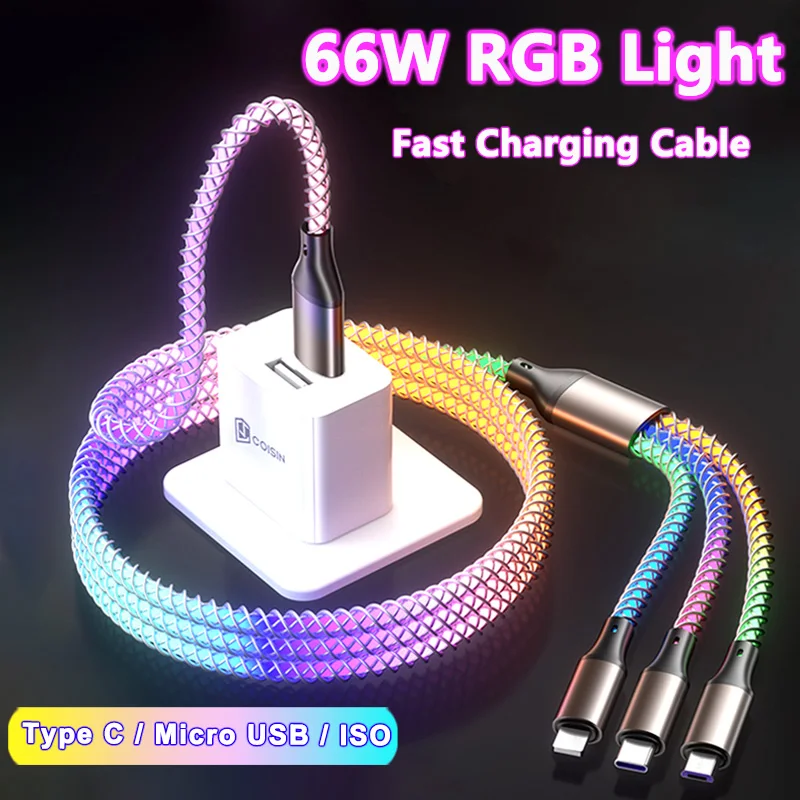 3 In 1 66W 6A RGB Light USB Lighting Cable Fast Charging Phone Cable ...