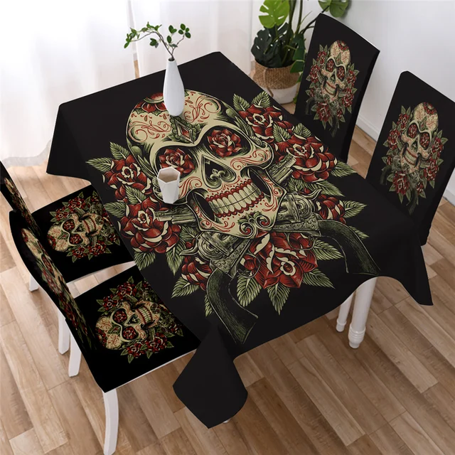 Elegant Black and White Gothic Skull Printing Table Cover