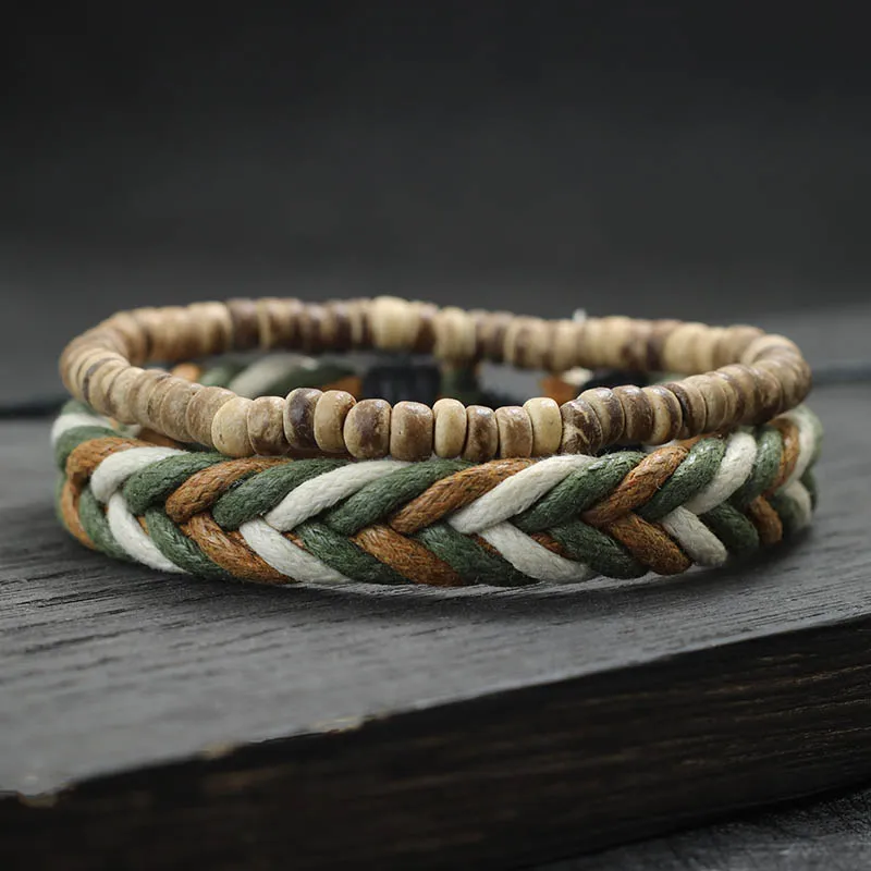 2023-2Pcs-Mens-Bracelet-Set-Natural-Wood-Braclet-Handmade-Weaven ...