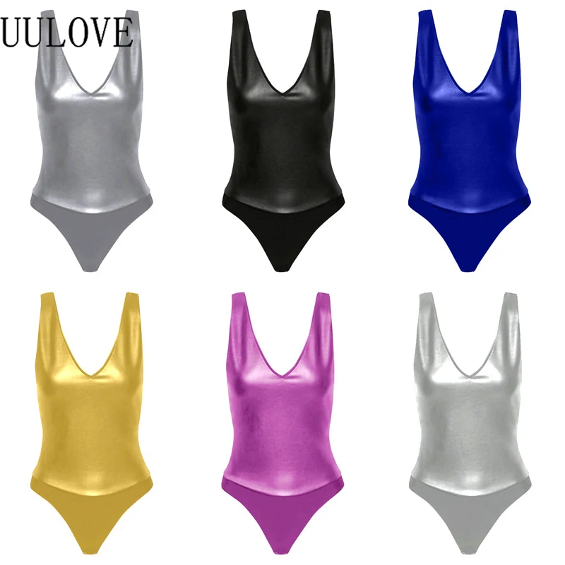 UULOVE Sexy Lingerie Glossy PU Leather Jumpsuit Women Retro Metallic ...