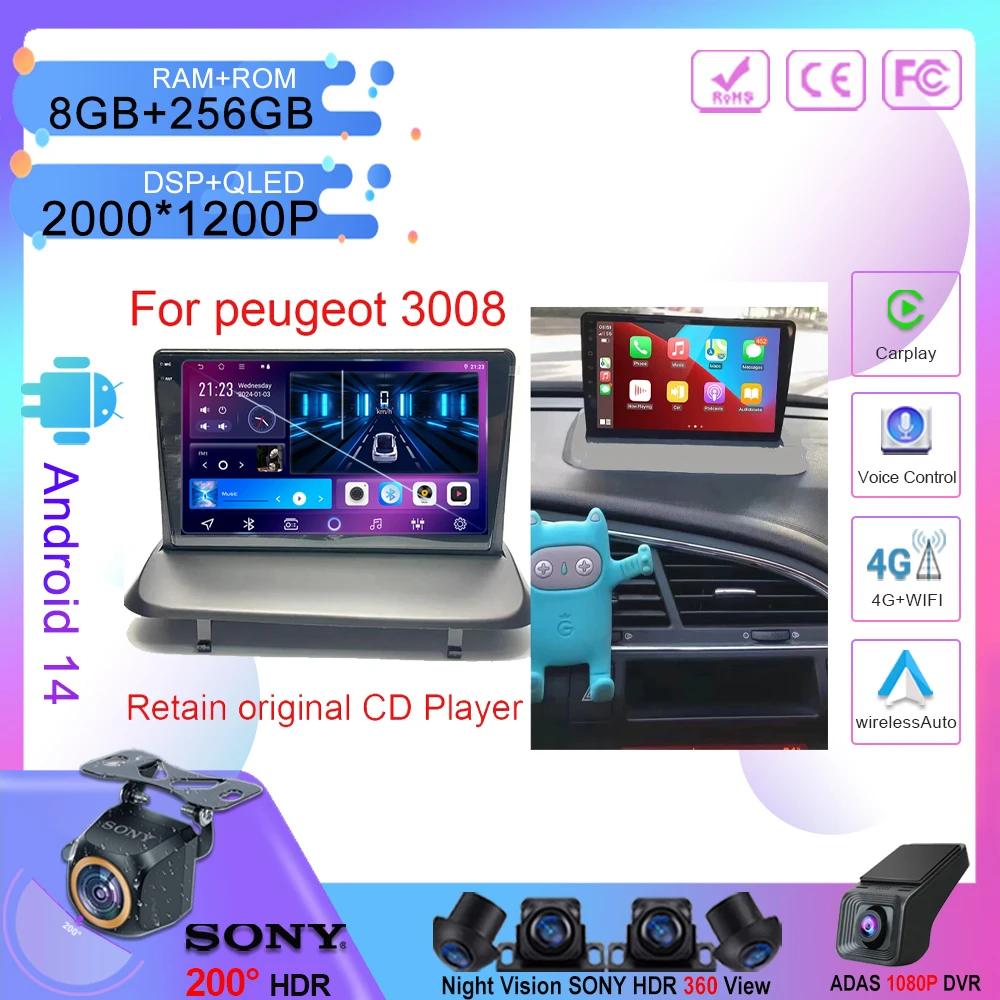 For-Peugeot-3008-2009-2015-QLED-Screen-Car-Radio-Stereo-Multimedia-Player-Android-14-256G ...
