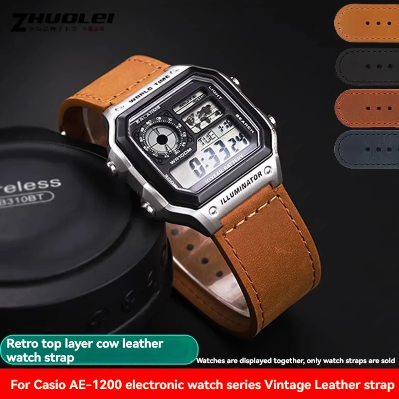 Retro Cowhide Watch Strap All Metal Case for Casio AE1200 AE-1200 AE ...