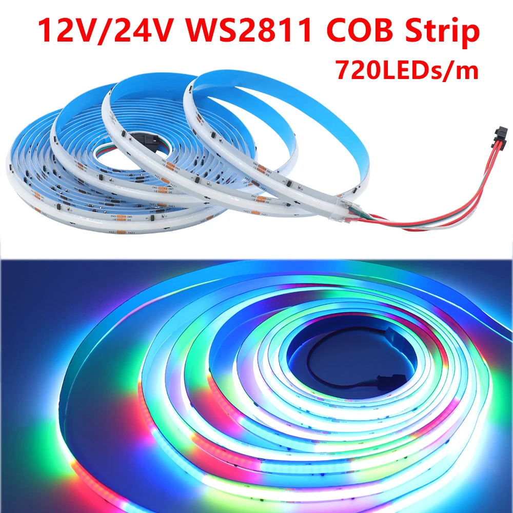 DC12V/24V WS2811 RGBIC 풀 컬러 COB LED 스트립, 주소 지정 가능 720leds/m 12mm PCB ...