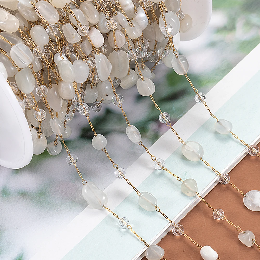 2meters 1meter Stainless Steel Natural Stone Beaded Chain White Beads ...