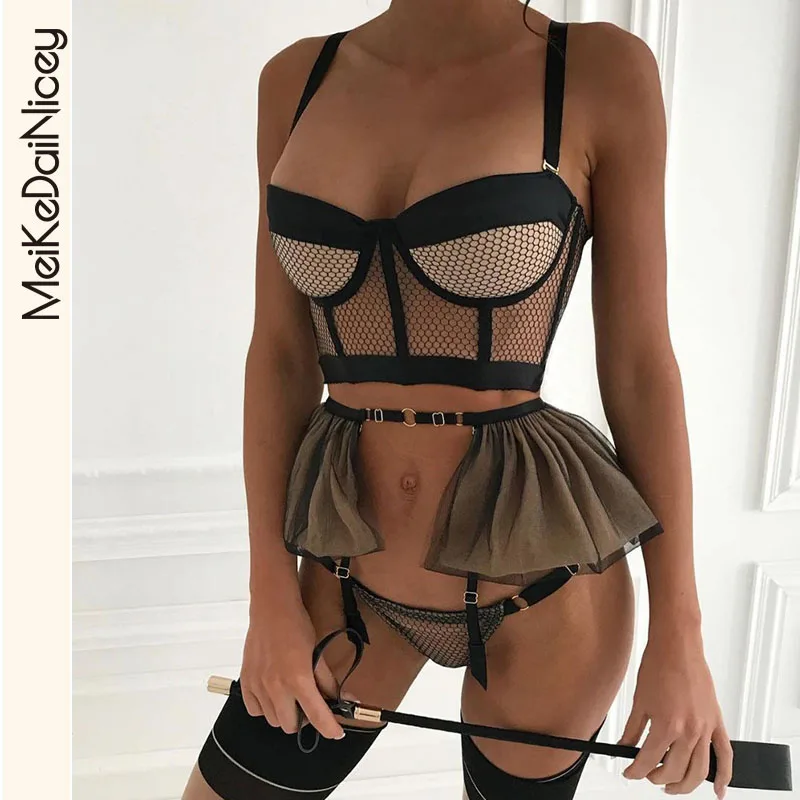 MeiKeDaiNicey Sexy Lingerie Sensual Fancy Underwear Ruffled Garter Belt Set 3-Piece Lace Padded ...