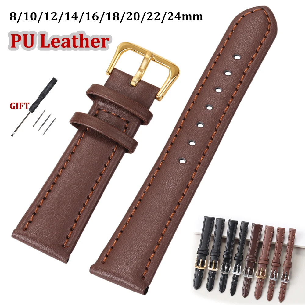 PU Strap Watchband Black Brown 8mm 10mm 12mm 14mm 16mm 18mm 20mm 22mm ...
