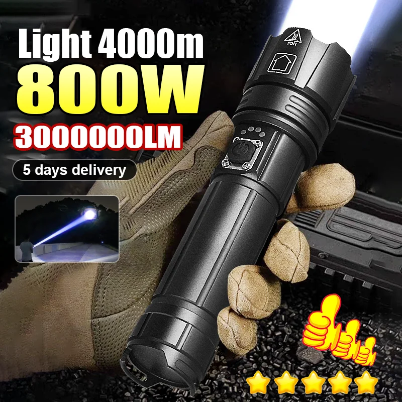 800W Most Powerful LED Flashlight Rechargeable Torch Lighting 4000M ...