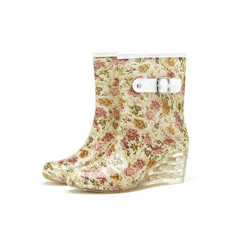 Mid Tube Rain Boots Fashionable High Heel Rain Shoes Anti Slip Slope ...