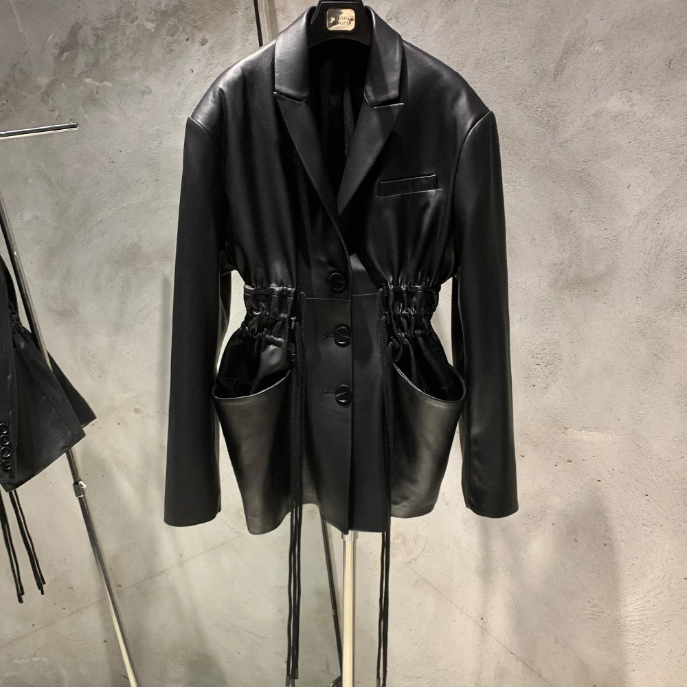 Drawstring Leather Blazer Ladies Real Lambskin Jacket Pleated Waist ...