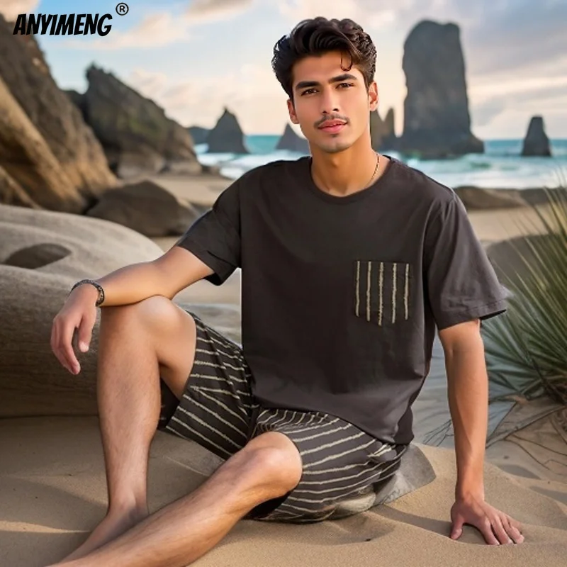 L-4XL-Mens-Sleepwear-Summer-Cotton-Short-Sleeves-Pajamas-Set-Casual ...