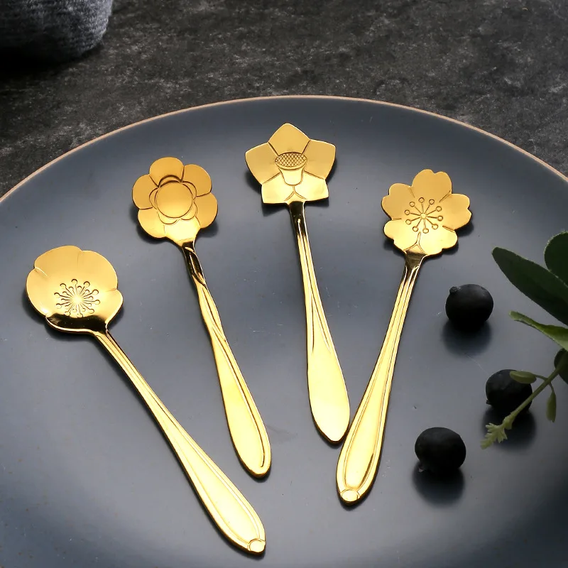 8pcs-Flowers-Design-Gold-Spoon-Tea-Coffee-Mixing-Spoon-Stainless-Steel ...