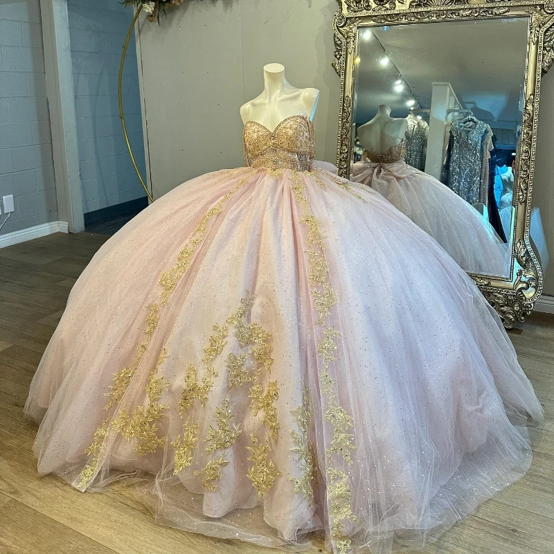 Light-Pink-Off-Shoulder-Quinceanera-Dress-Prom-Dress-Floral-Gold ...