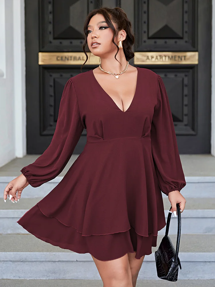 TOLEEN Women Plus Size Mini Dresses 2022 Summer Solid Sexy V Neck ...