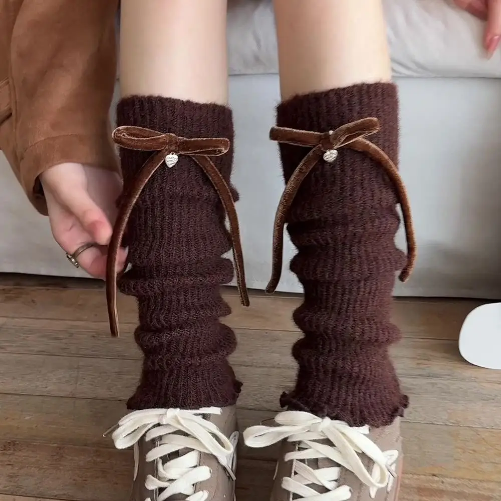 Solid Color Leg Warmers Bowknot Decoration Thickened Knitted Foot Cover ...