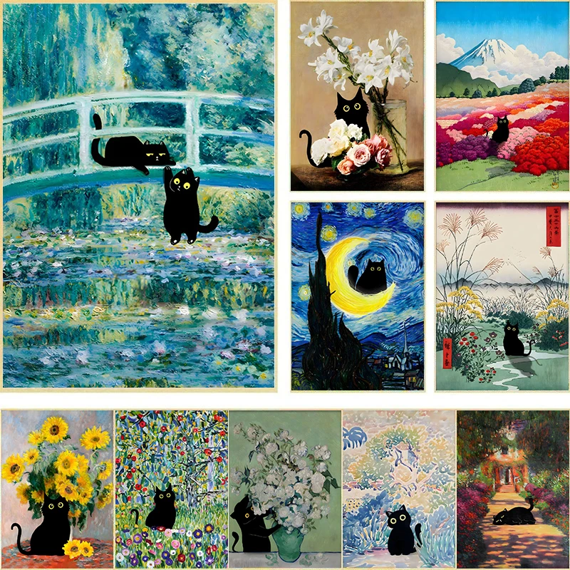 Funny-Black-Cat-World-Famous-Painter-Monet-Van-Gogh-Gustav-Masterpiece ...