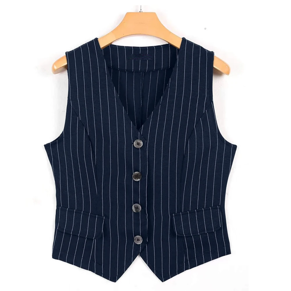 Woman Clothing Stripe Sleeveless Vests V Neck Navy Blue Women's ...