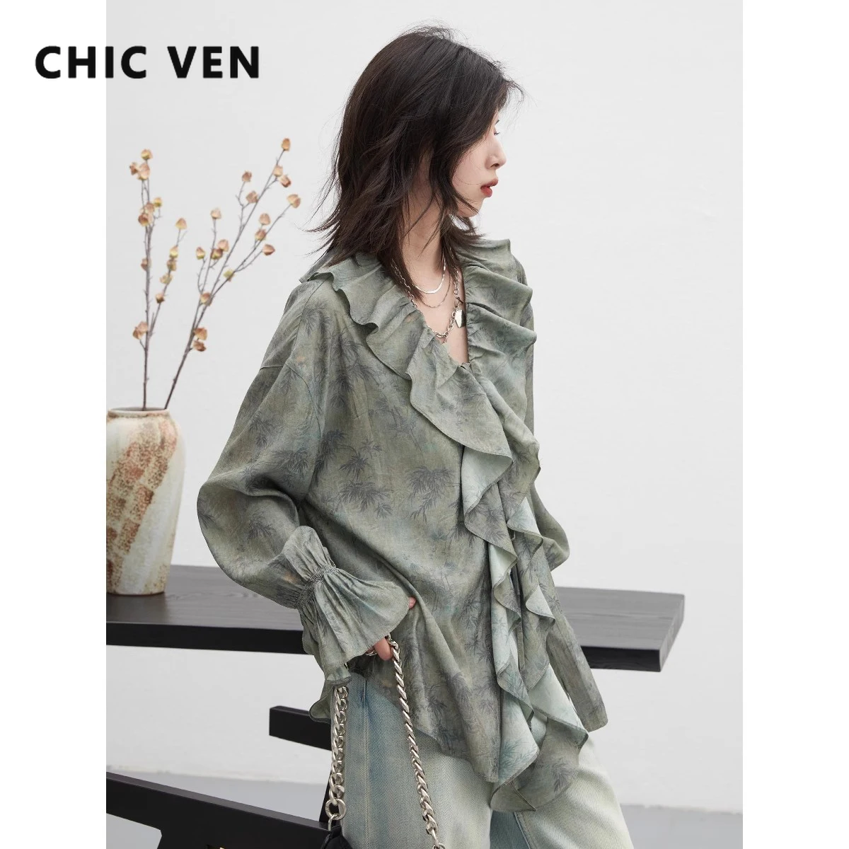 CHIC-VEN-Women-Shirt-Loose-Casual-New-Bamboo-Leaf-Printed-Long-Sleeved ...