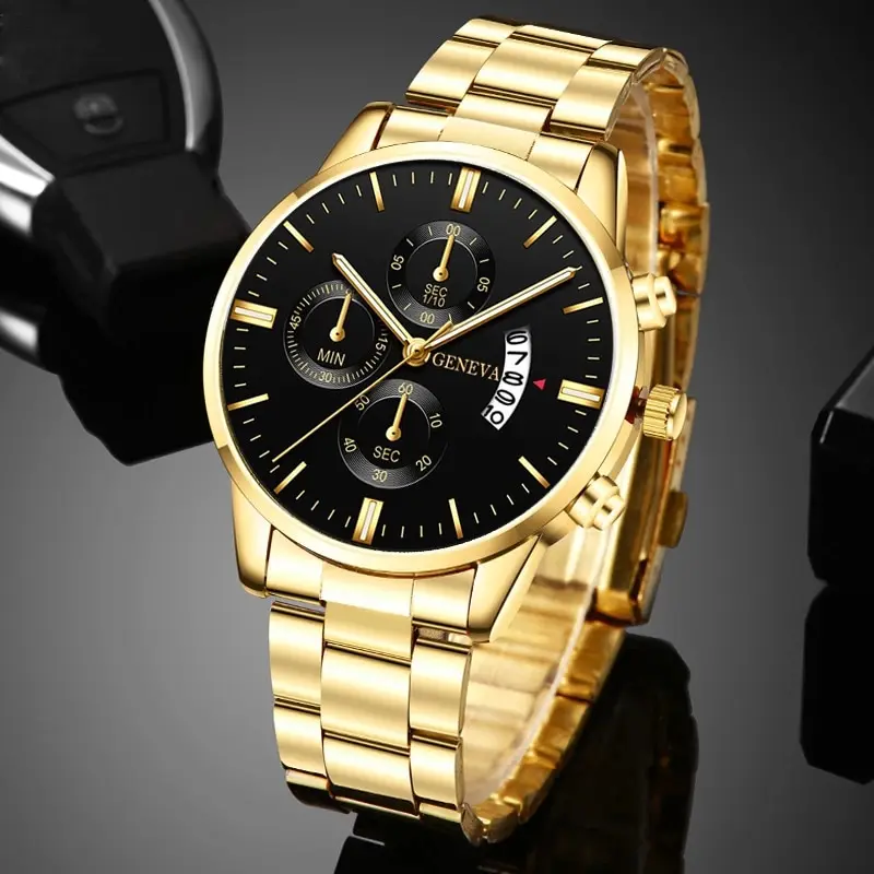 2023 Fashion Men Gold Stainless Steel Watch Luxury Calendar Quartz ...