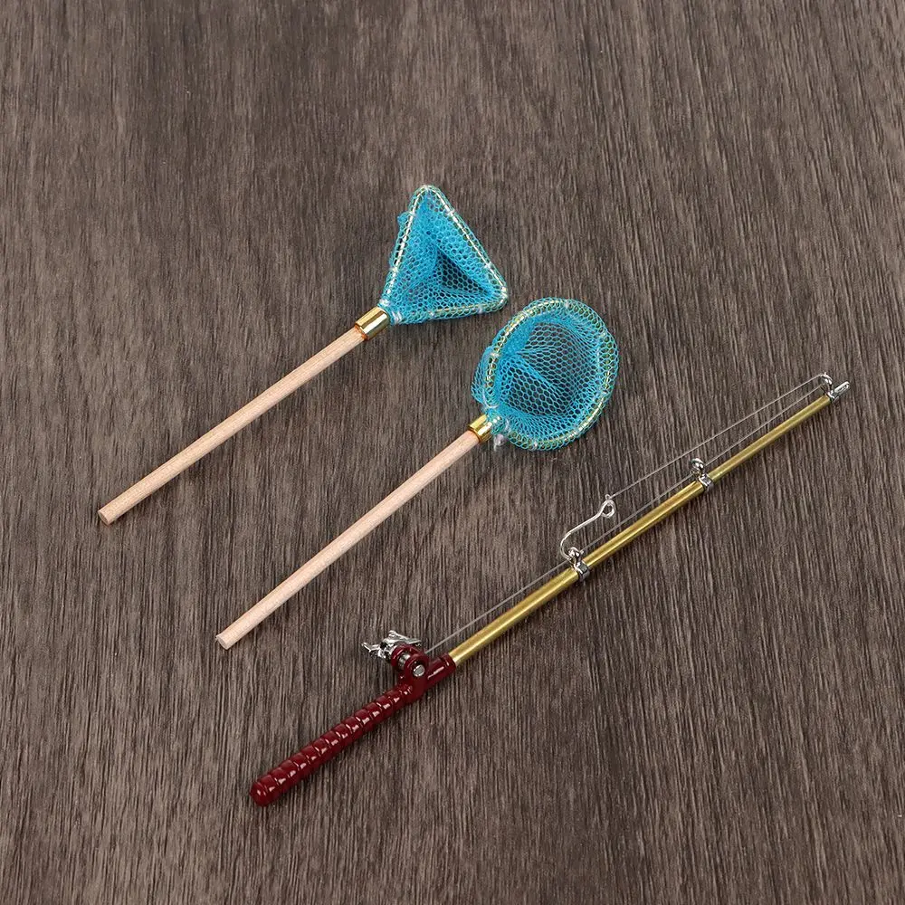 1-12-Scale-Miniature-Fishing-Rod-Fish-Pole-Round-Net-Triangle-Net ...